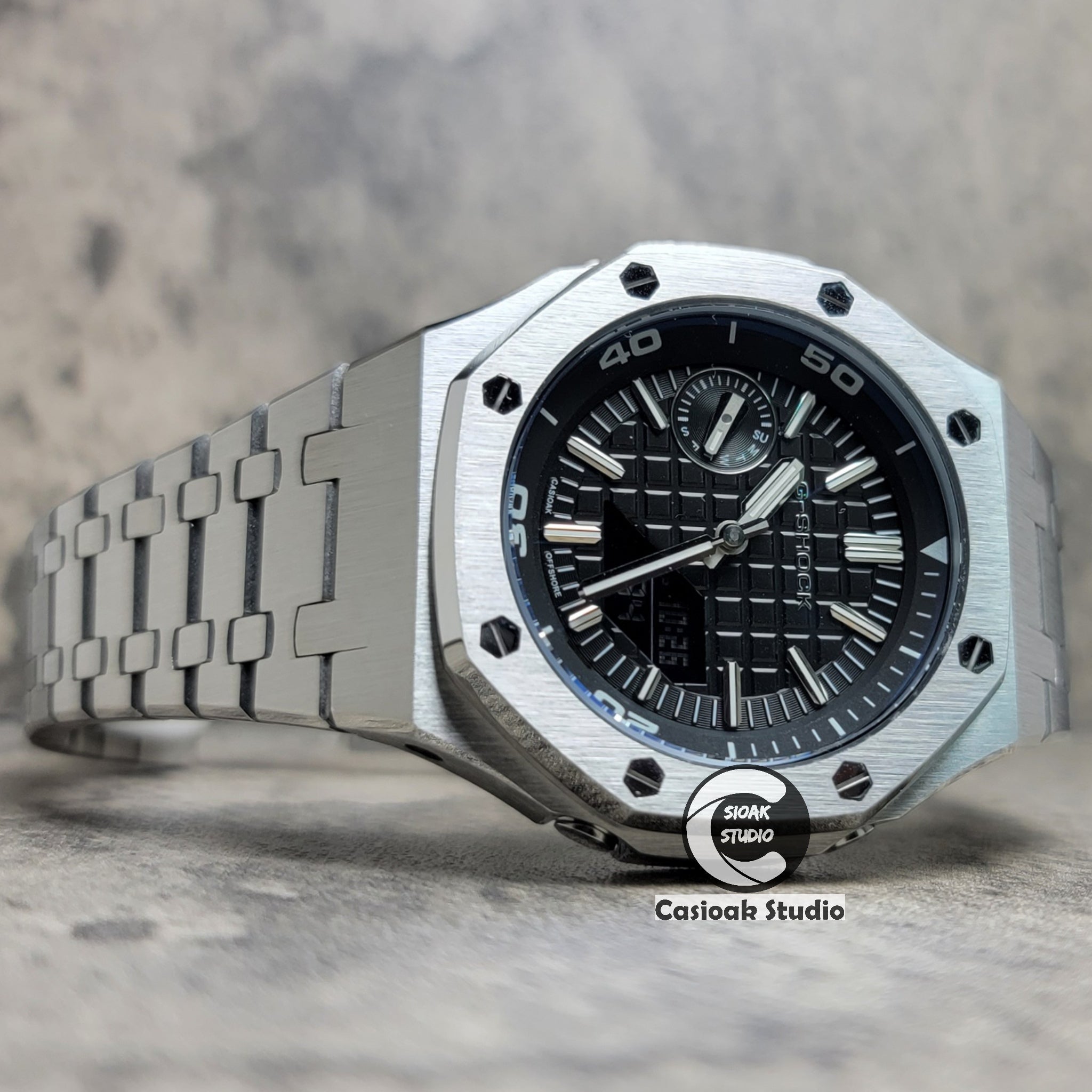 Casioak-Mod-Watch-NEW-Silver-Case-Metal-Strap-Black-Silver-Time-Mark ...
