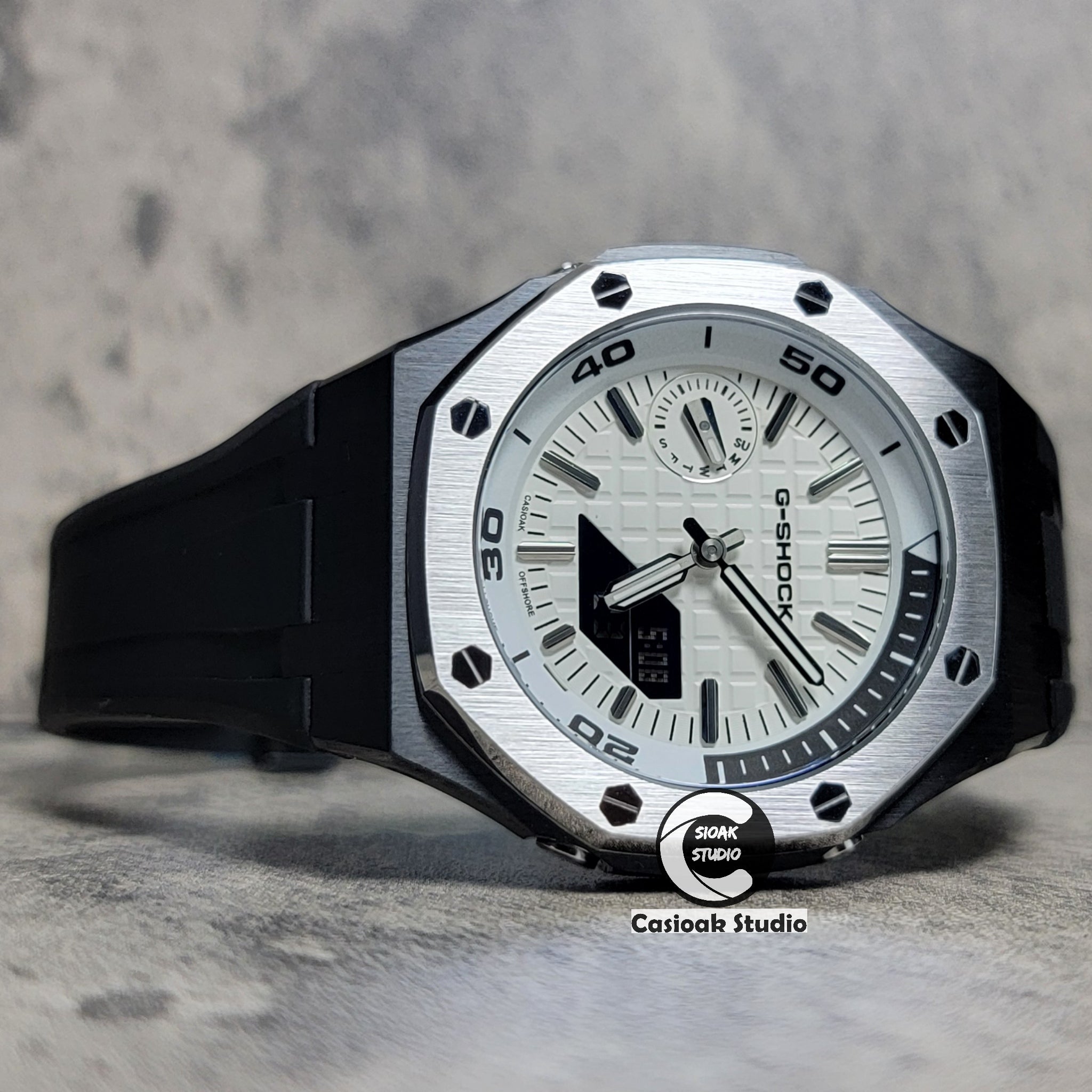 Casioak-Mod-Watch-New-Silver-Black-Case-Black-Rubber-Strap-Silver-Time ...