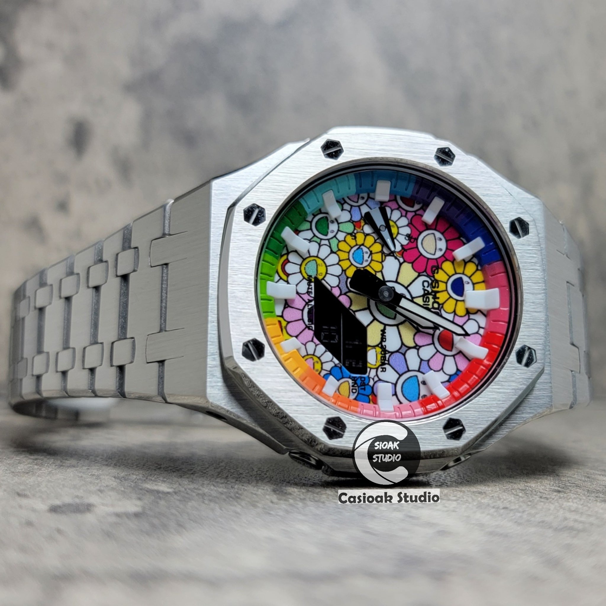 Casioak-Mod-Watch-Silver-Case-Metal-Strap-Rainbow-White-Time-Mark ...