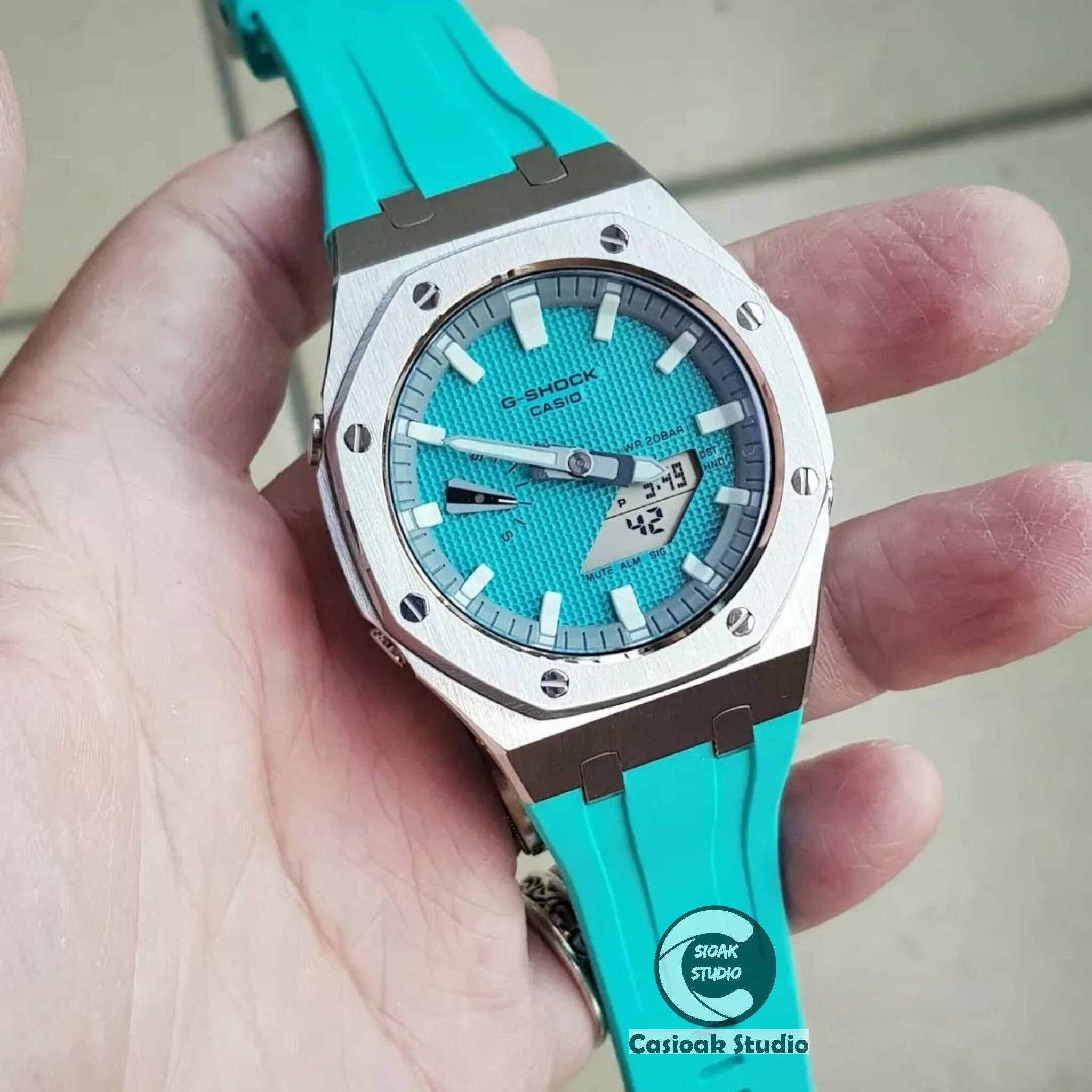 Casioak Mod Watch Silver Case Tiff Rubber Strap Gray White Time Mark ...