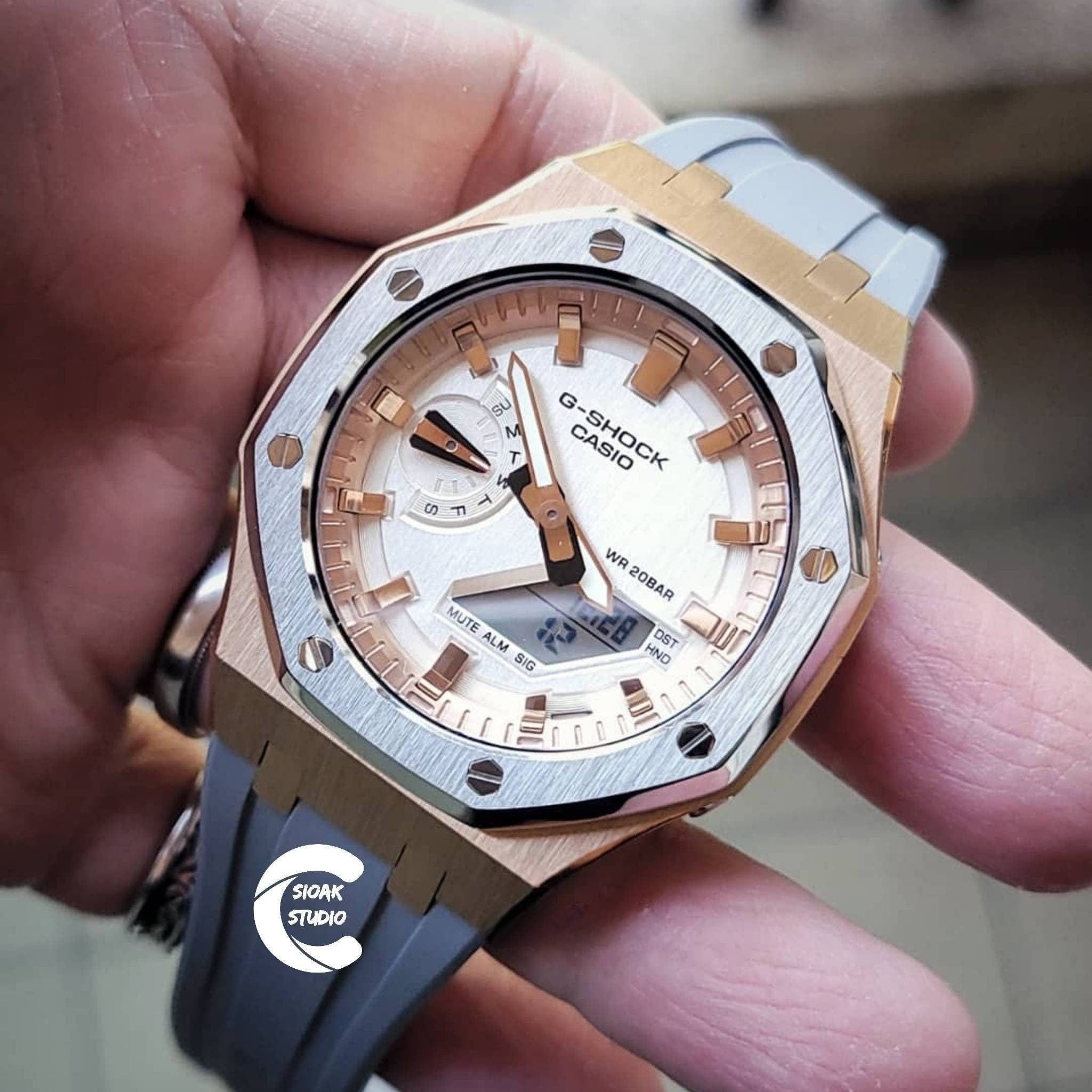 Casioak-Mod-Watch-Silver-Rose-Gold-Case-Gray-Rubber-Strap-Rose-Gold ...