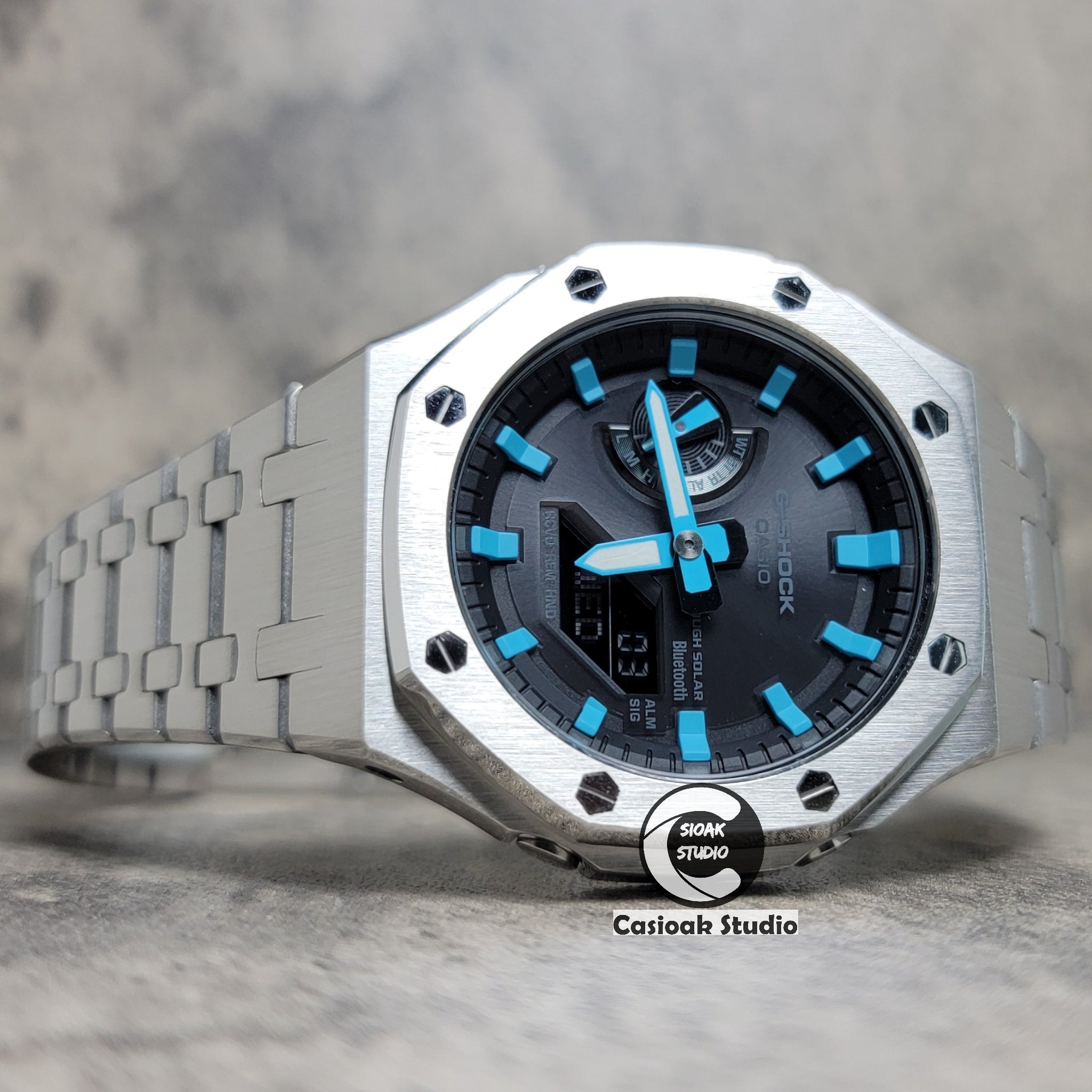 Casioak-Mod-Watch-Solar-Bluetooth-Silver-Case-Metal-Strap-Black-Tiff ...